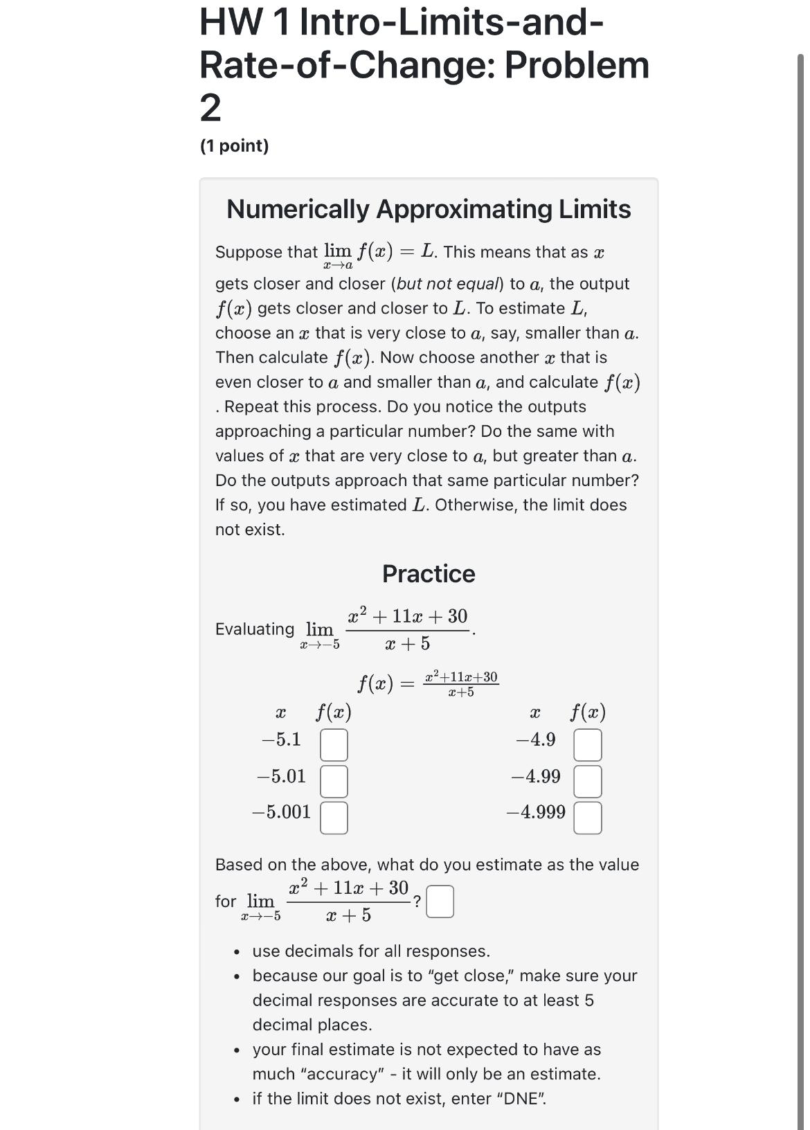 Solved HW 1 ﻿Intro-Limits-andRate-of-Change: Problem 2(1 | Chegg.com