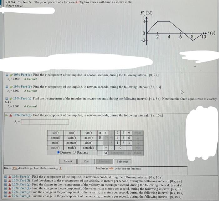 Solved (11\%) Problem 5: The y-component of a force on 4.3 | Chegg.com