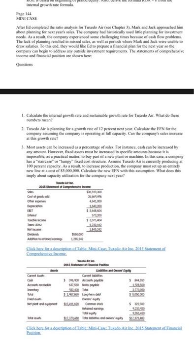 Solved internal growth rate formula Page 144 MINI CASE After | Chegg.com