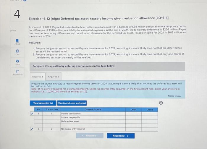 Solved Exercise 16-12 (Algo) Deferred tax asset; taxable | Chegg.com
