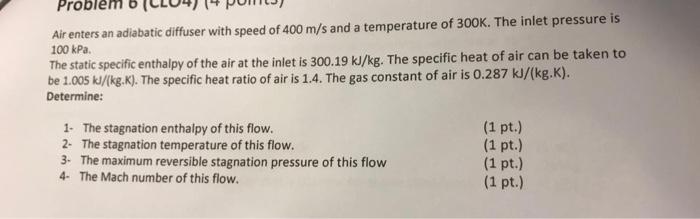 Solved Problem Air enters an adiabatic diffuser with speed | Chegg.com