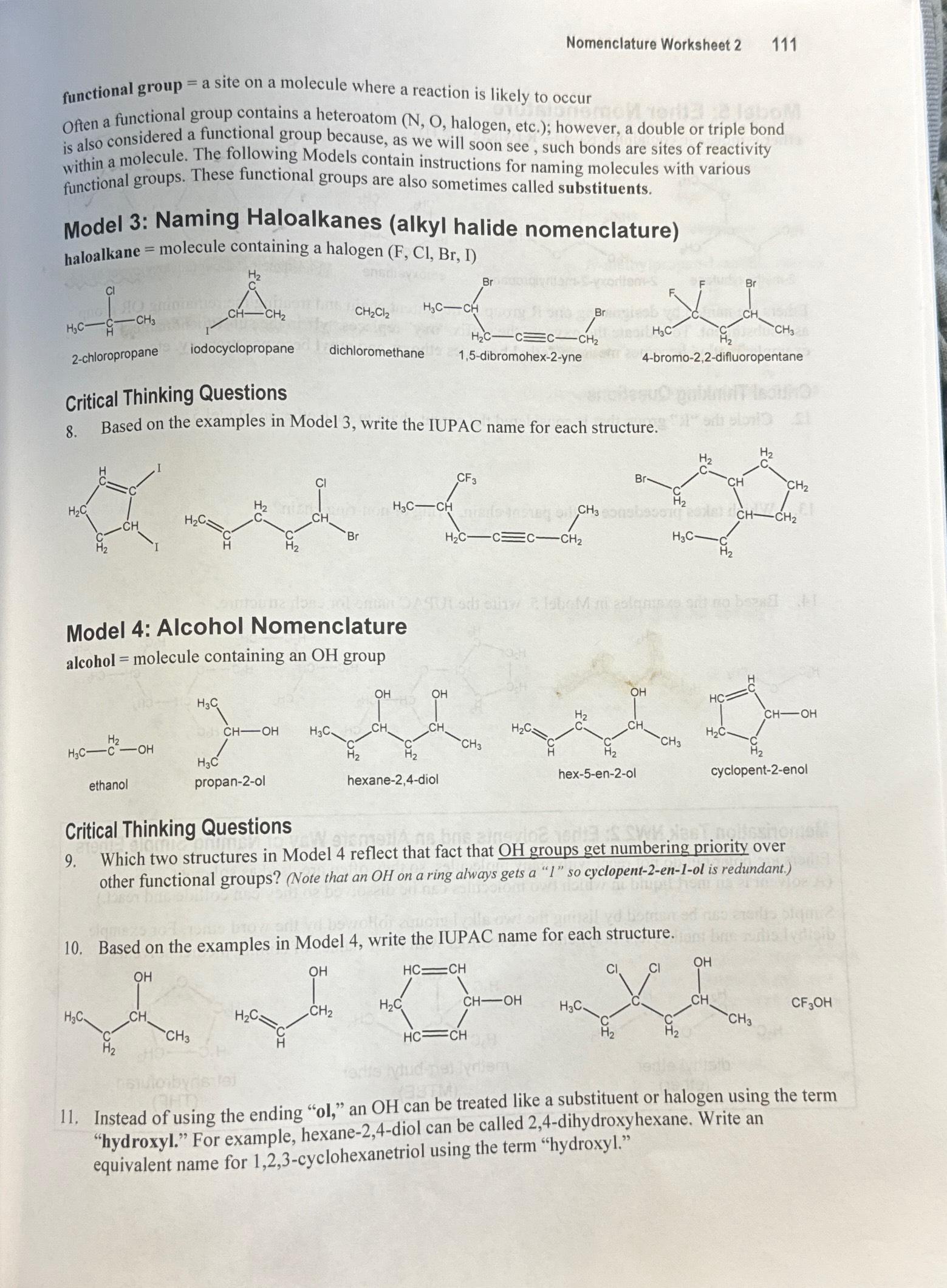 Solved Nomenclature Worksheet 2111functional group = ﻿a site | Chegg.com