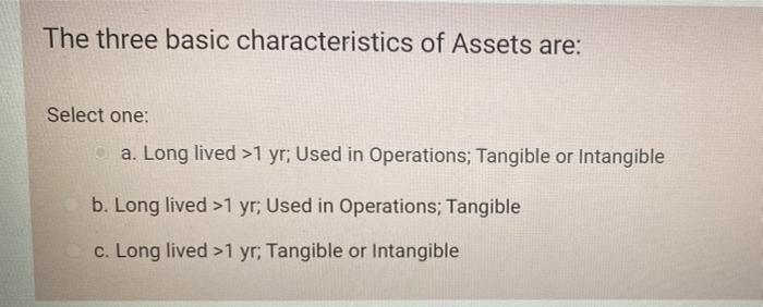 Solved The three basic characteristics of Assets are: Select | Chegg.com