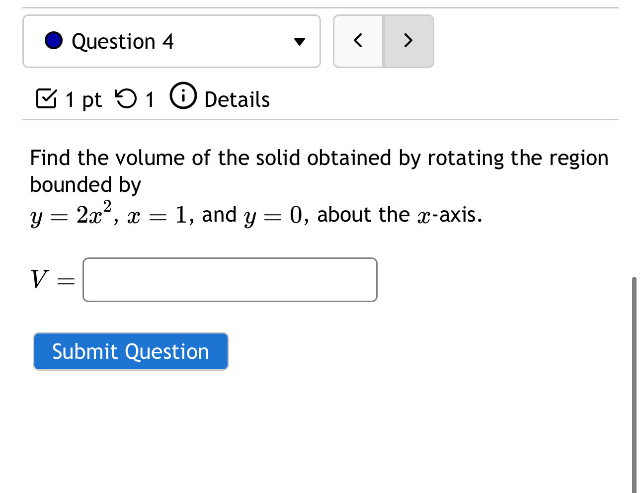 Solved Question 41pt11DetailsFind the volume of the solid | Chegg.com