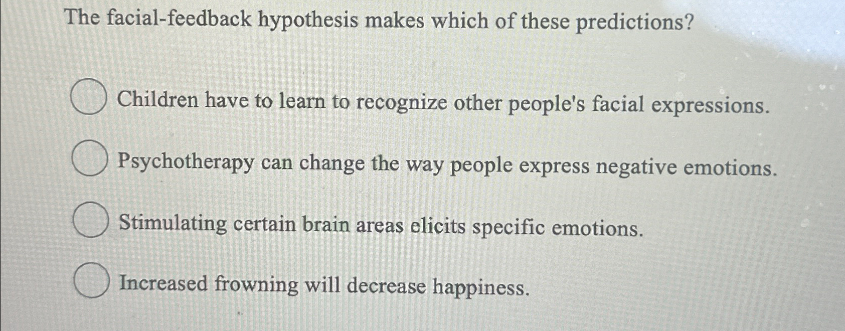 Solved The facial-feedback hypothesis makes which of these | Chegg.com