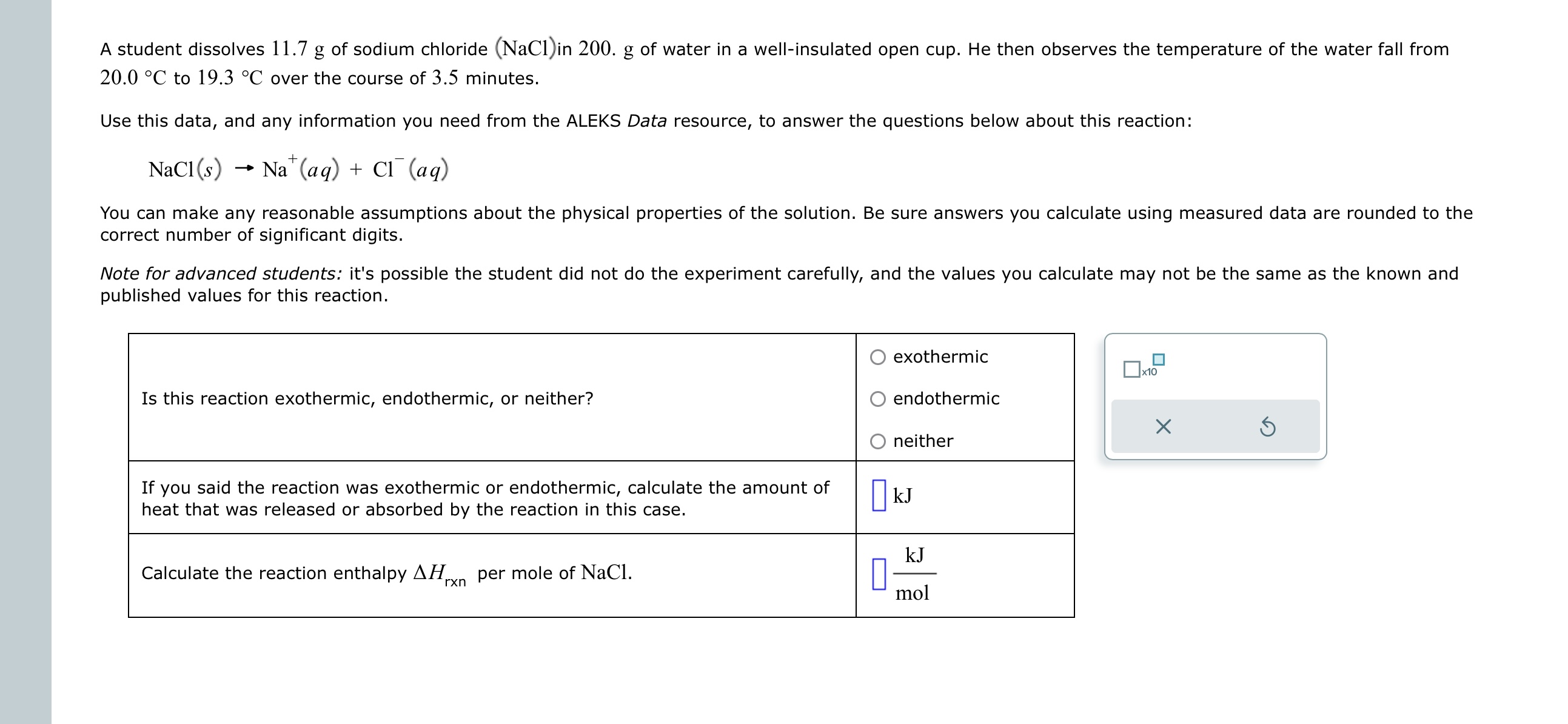 Solved A student dissolves 11.7g ﻿of sodium chloride (NaCl) | Chegg.com