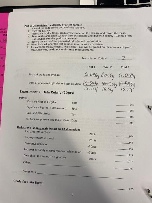 Solved Part 3: Determining the density of a test sample Mass | Chegg.com