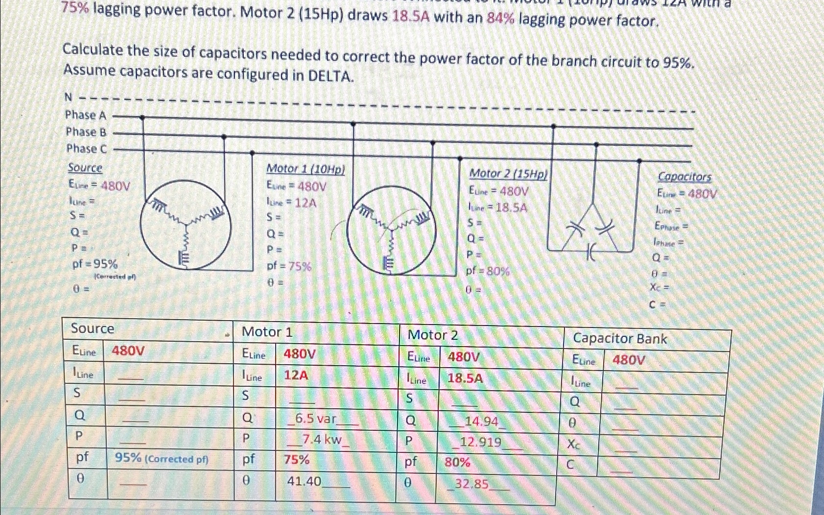75% lagging power factor. Motor 2(15Hp) draws 18.5A | Chegg.com