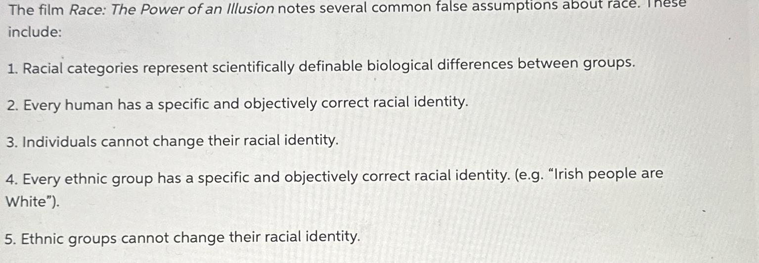 Solved The film Race: The Power of an Illusion notes several | Chegg.com