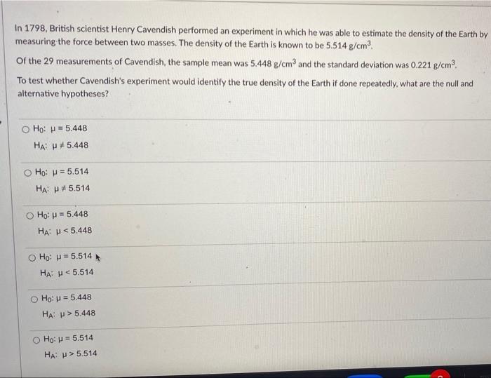 Solved In 1798, British scientist Henry Cavendish performed | Chegg.com