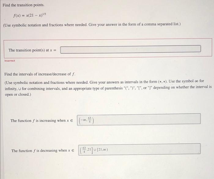 Solved Find the transition points. f(x) = x(21 - x)/3 (Use | Chegg.com