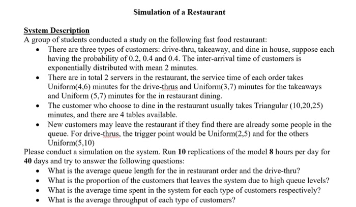 Simulation of a Restaurant System Description A group | Chegg.com