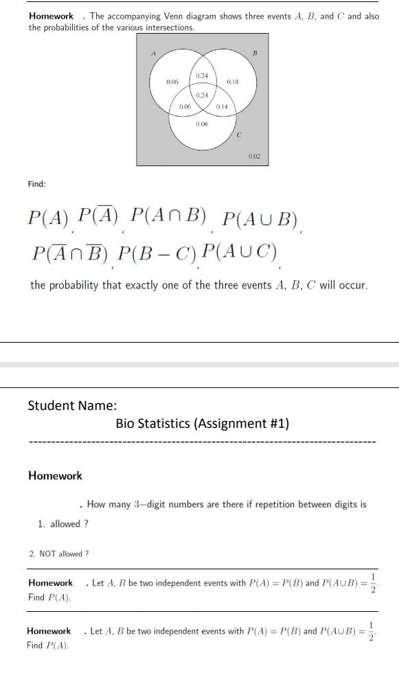 Solved Homework. The accompanying Venn diagram shows three | Chegg.com