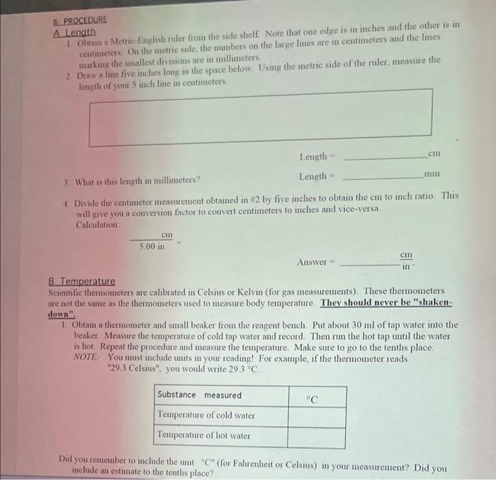 Solved PROCEDURE A Length 1. Obtain a Metric-English ruler | Chegg.com