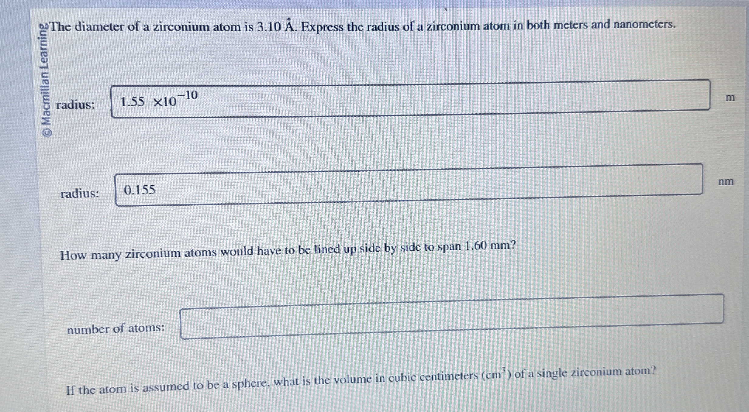 Solved The diameter of a zirconium atom is 3.10Å. ﻿Express | Chegg.com