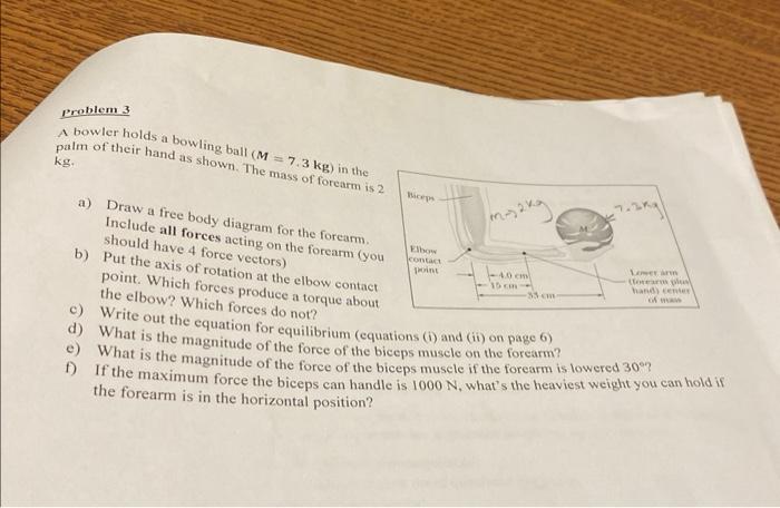 Solved A bowler holds a bowling ball (M=7.3 kg) in the palm | Chegg.com