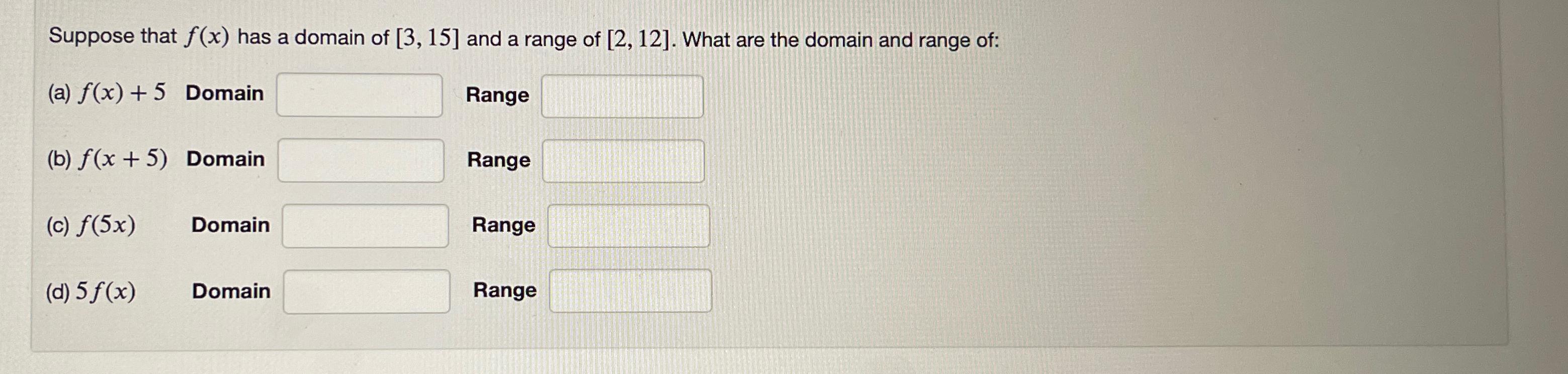 Solved Suppose that f(x) ﻿has a domain of 3,15 ﻿and a range | Chegg.com