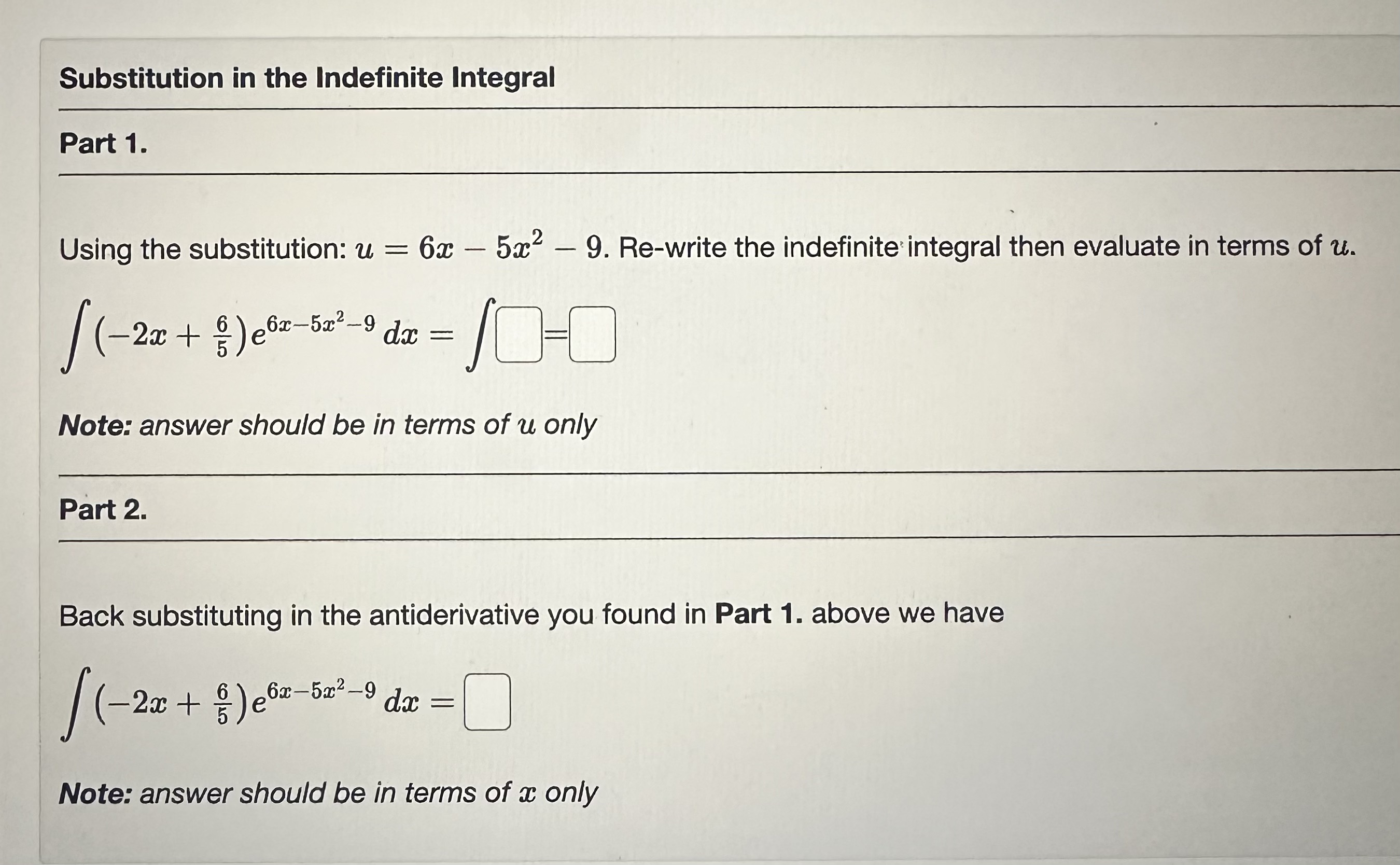 Solved Substitution in the Indefinite IntegralPart 1.Using | Chegg.com