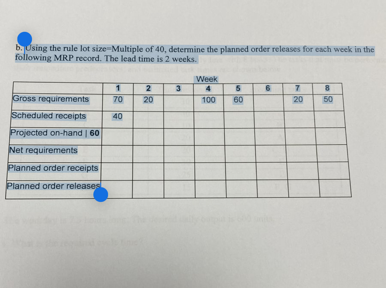 Solved b. ﻿Using the rule lot size=Multiple of 40 , | Chegg.com