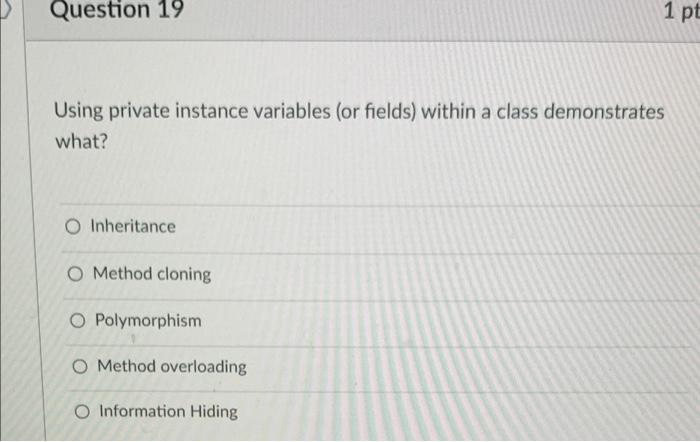 Solved Question 19 1 pt Using private instance variables (or | Chegg.com