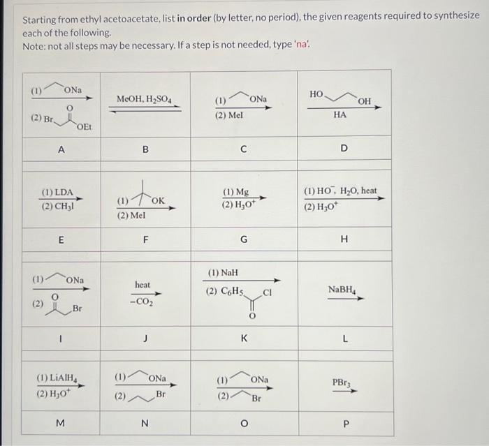 Solved Starting from ethyl acetoacetate, list in order (by | Chegg.com