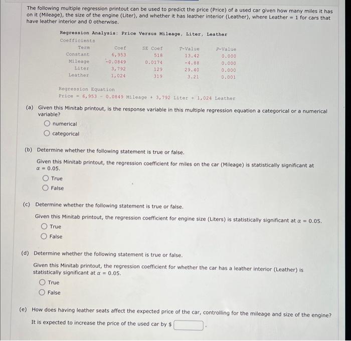 Solved The following multiple regression printout can be | Chegg.com