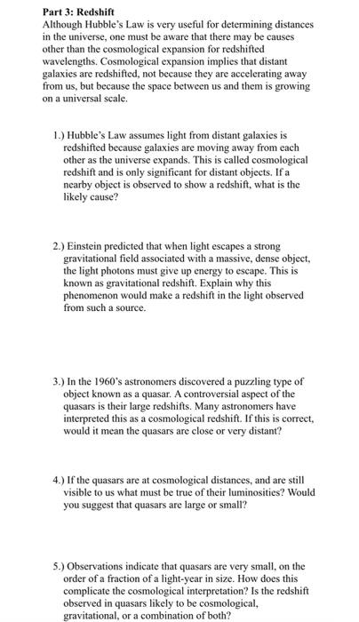Solved Part 3: Redshift Although Hubble's Law is very useful | Chegg.com