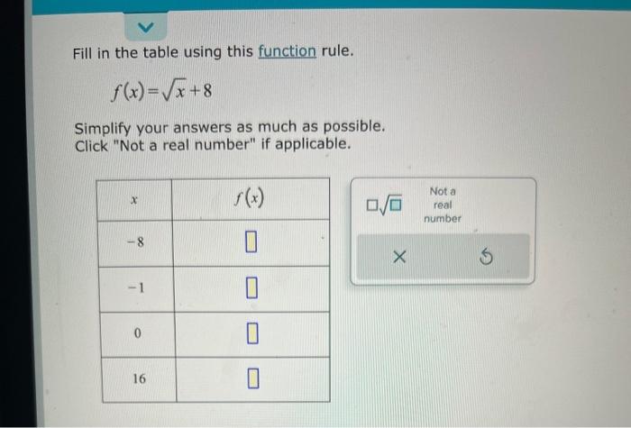 Solved Fill in the table using this function rule. f(x)=x+8 | Chegg.com