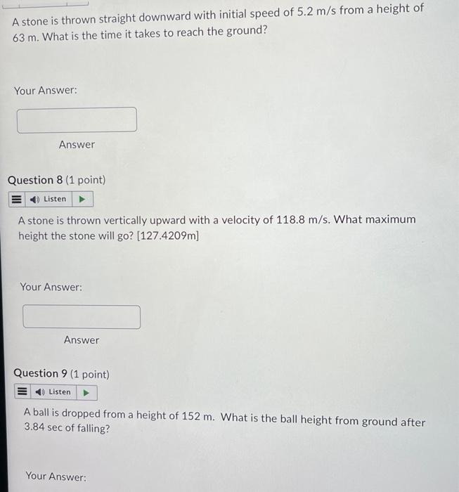 Solved A stone is thrown straight downward with initial | Chegg.com