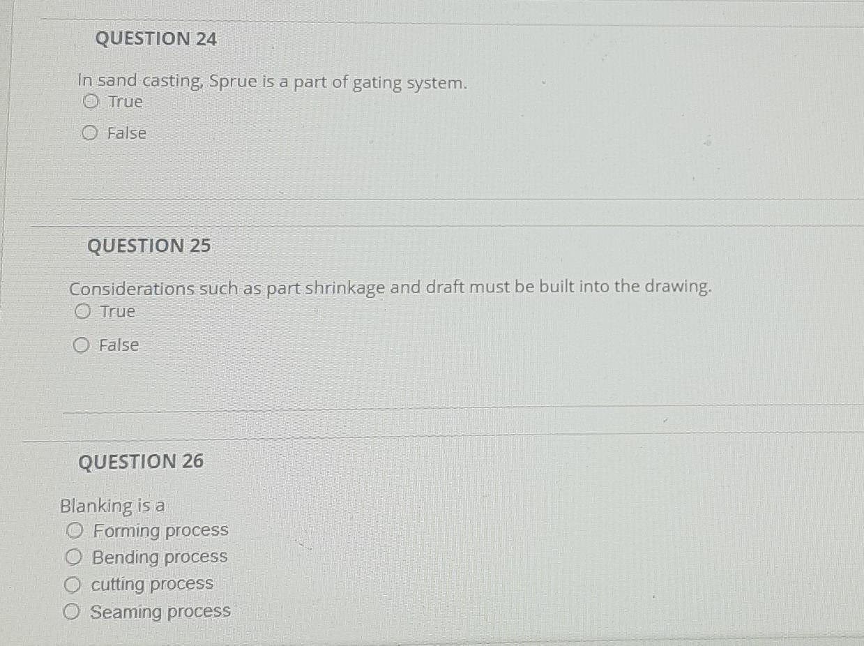 Solved QUESTION 24 In sand casting, Sprue is a part of | Chegg.com