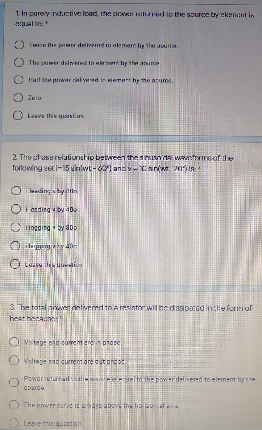 Solved 1. In purely inductive load, the power returned to | Chegg.com