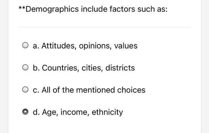 Solved ** Demographics include factors such as: a. | Chegg.com
