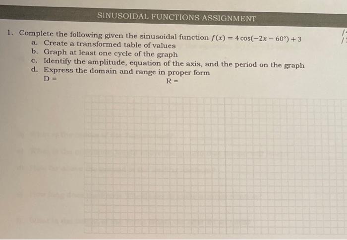 Solved SINUSOIDAL FUNCTIONS ASSIGNMENT 1. Complete the | Chegg.com