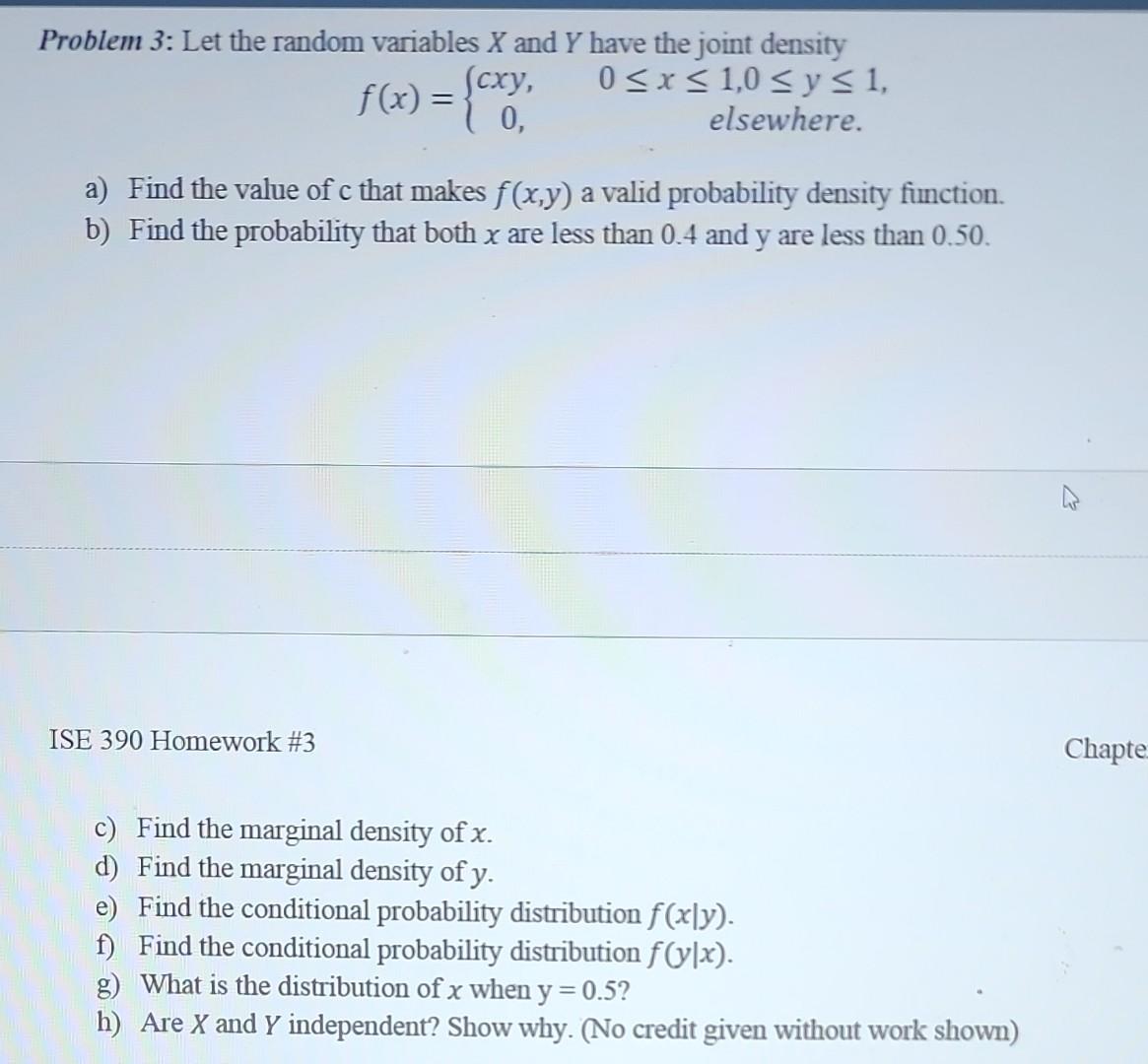 Solved Problem 3: Let the random variables X and Y have the | Chegg.com
