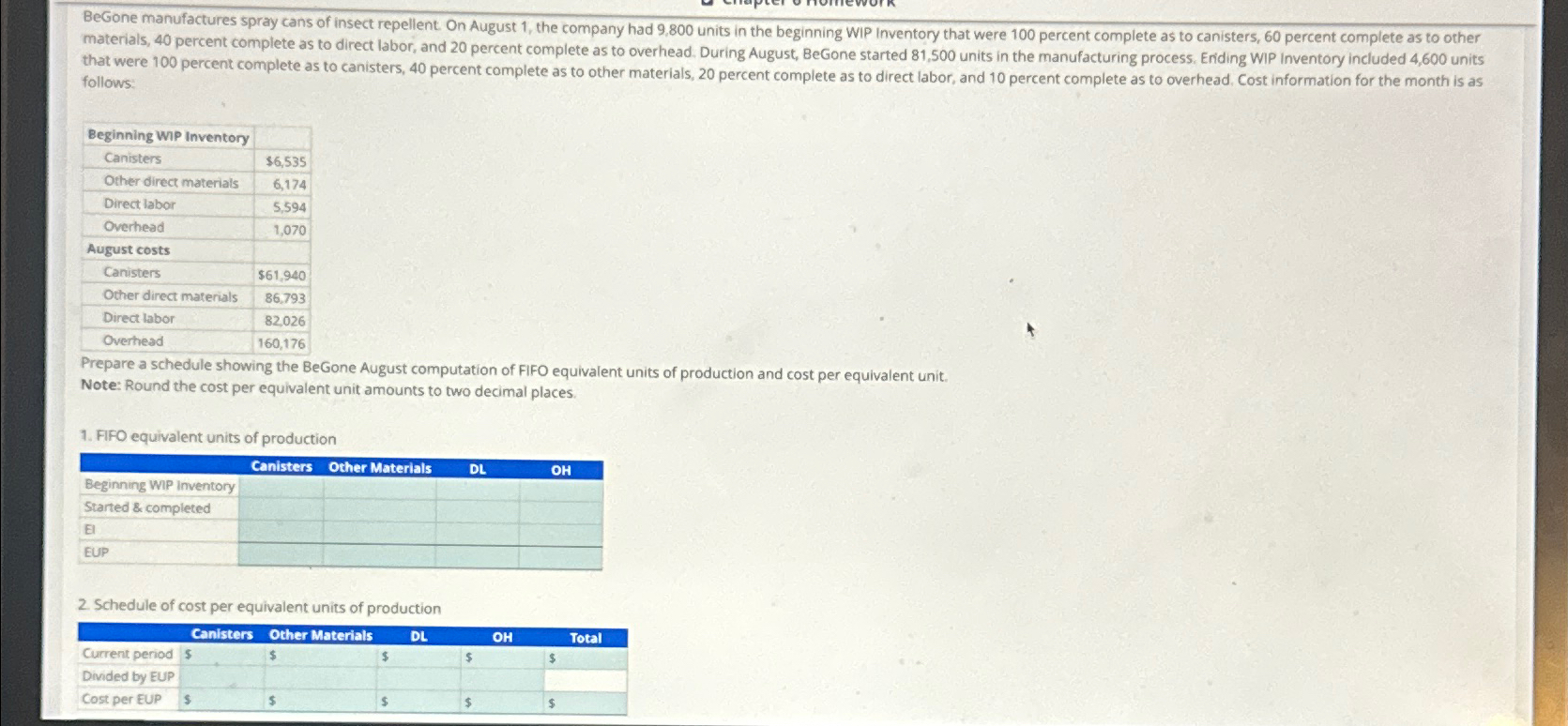 Solved FIFO EUP;cost per FIFO EUPfollows:\table[[Beginning | Chegg.com