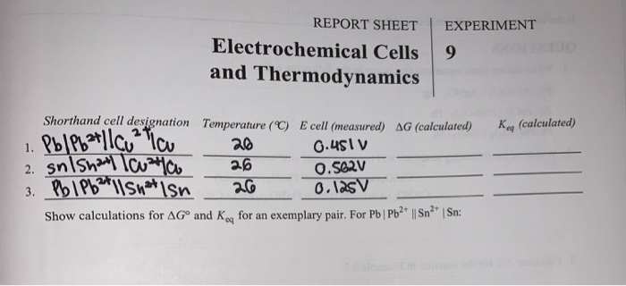 Solved EXPERIMENT REPORT SHEET Electrochemical Cells and | Chegg.com