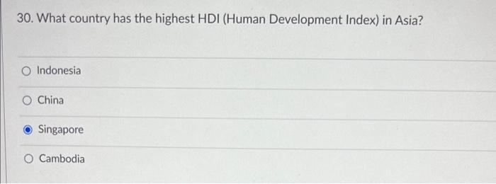 Solved 30. What country has the highest HDI (Human | Chegg.com