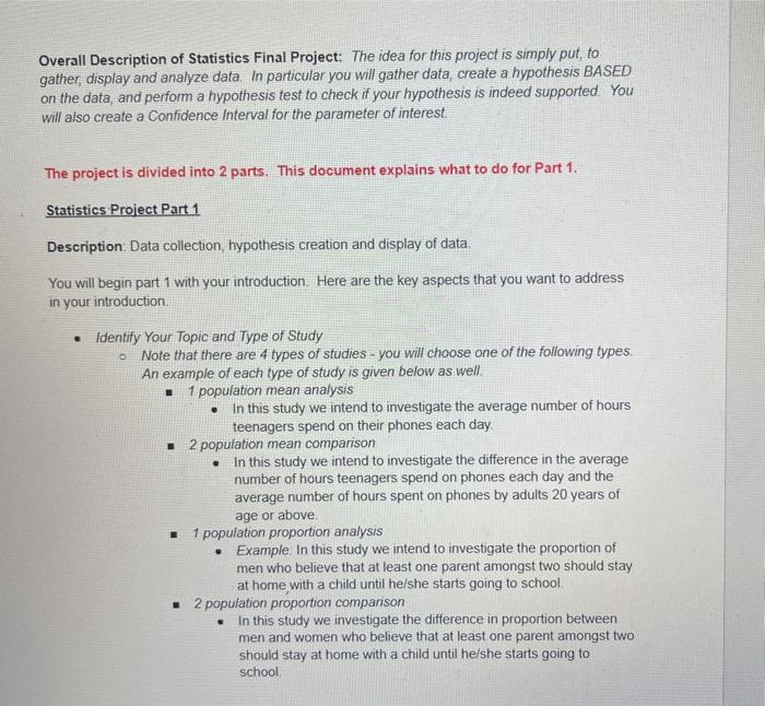 Solved Overall Description of Statistics Final Project: The | Chegg.com