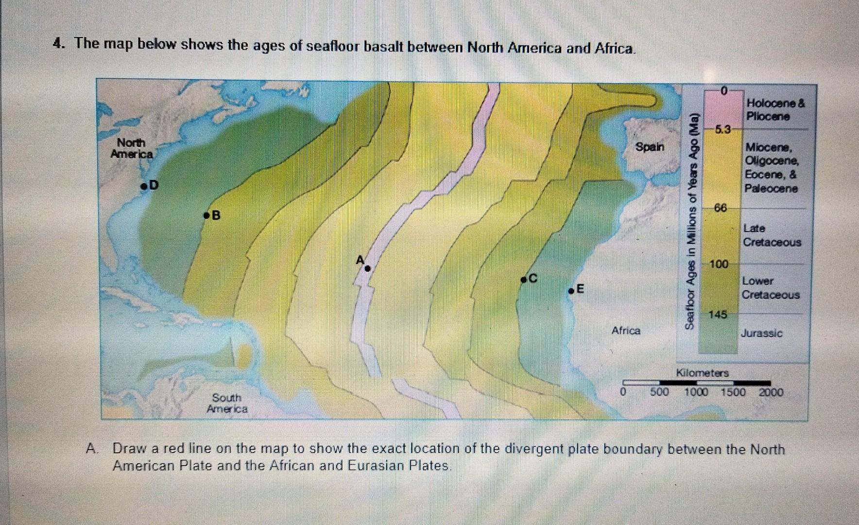 Solved 4. The map below shows the ages of seafloor basalt | Chegg.com