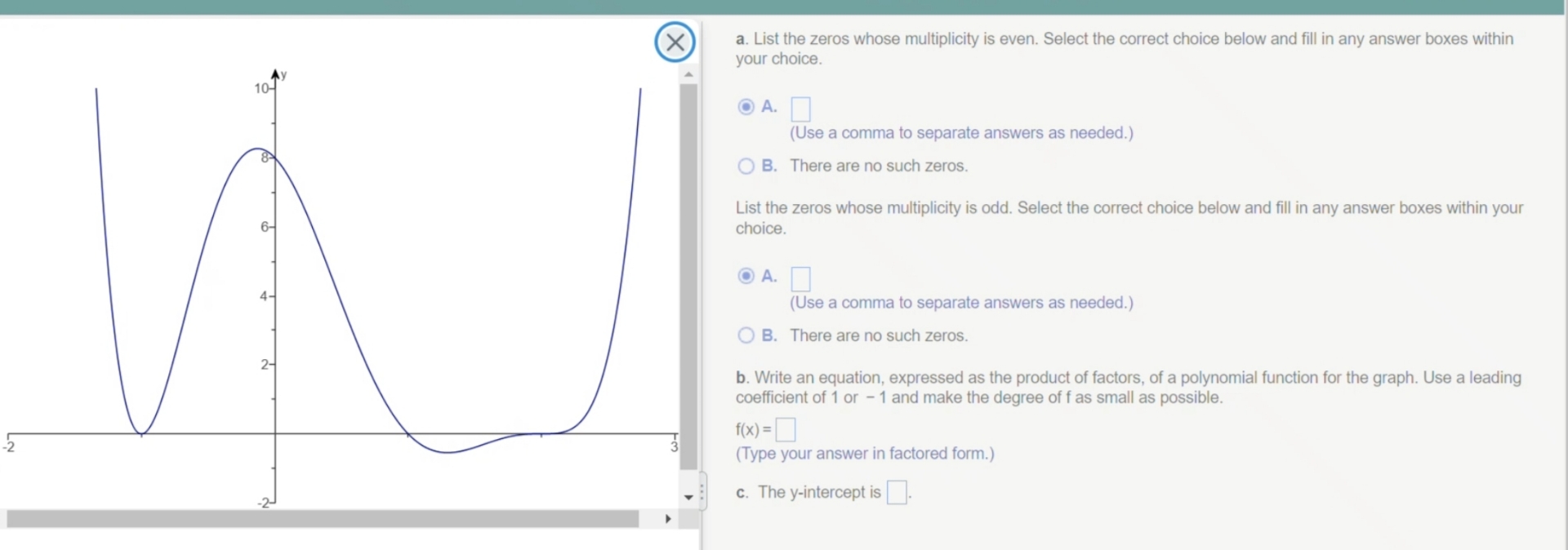 Solved a. ﻿List the zeros whose multiplicity is even. Select | Chegg.com