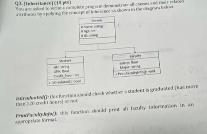 Solved Q3. |Inheritancel (15 pts) You are asked to write a | Chegg.com