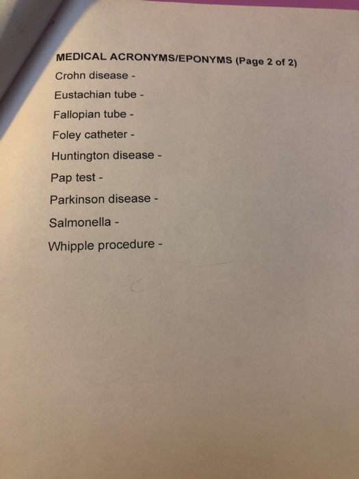 Solved 10/ MEDICAL ACRONYMS/EPONYMS (Page 1 of 2) Medical | Chegg.com