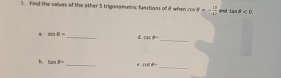 Find the values of the other 5 ﻿trigonometric | Chegg.com