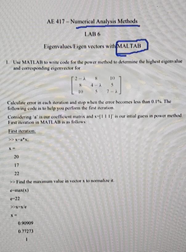 Solved Ae 412 Numerical Analysis Methods Lab6 Eigenvalues 