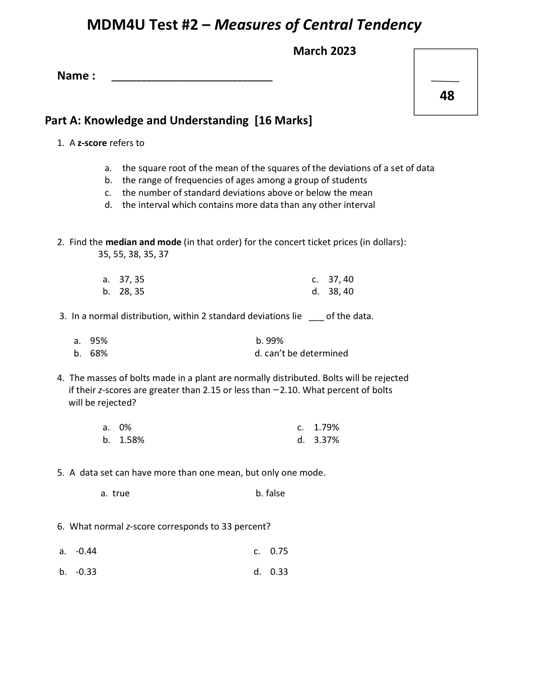 Solved MDM4U Test #2 - ﻿Measures of Central TendencyMarch | Chegg.com