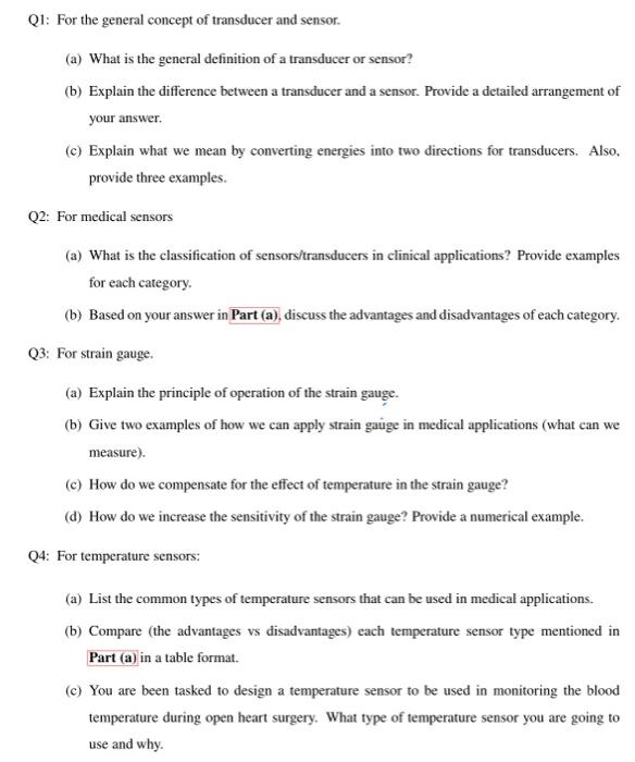 Solved Q1: For the general concept of transducer and sensor. | Chegg.com