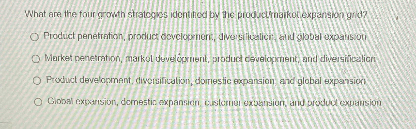 Solved What are the four growth strategies identified by the | Chegg.com