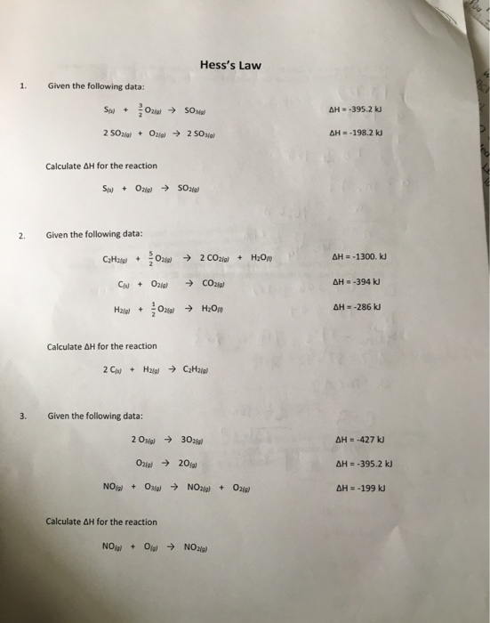 Solved Hess's Law 1. Given the following data: AH -395.2 kJ | Chegg.com