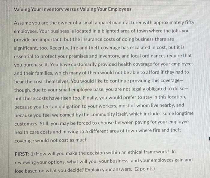Solved Valuing Your Inventory versus Valuing Your Employees | Chegg.com