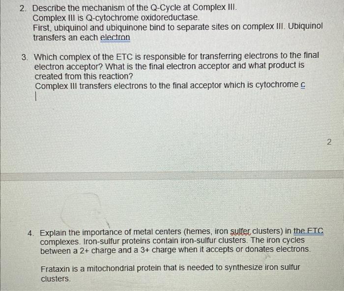 Solved 2. Describe the mechanism of the Q-Cycle at Complex | Chegg.com